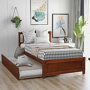 DUNTRKDU Twin Size Solid Wood Platform Bed with Trundle, Wood Bedframe, Twin Platform Bed with Headboard and Wooden Slat Support, No Spring Box Needed, Easy Assemble (Walnut)