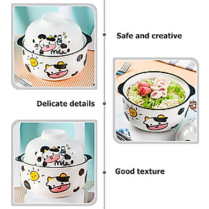 Cabilock Cow Decor Pot Ceramic Ramen Bowl Cow Pattern Noodle Bowl Microwave Soup Bowl Porcelain Dessert Bowl Food Dish with Lid Pho Porridge Salad Snacks Bowl for Home Pots