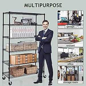6 Tier Storage Metal Shelf 82"x48"x18" NSF Wire Shelving Unit with Wheels Heavy Duty Layer Rack with Casters, Sturdy Steel Metal Wire Rack for Pantry Kitchen Garage Rack (Black, 82"x48"x18")