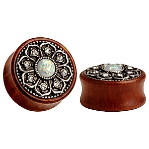 KUBOOZ(1 Pair Gauges for Ears Vintage Wood Opal Center Flower Ear Plugs Flesh Tunnels Earrings Stretcher Piercings 0G(8mm) 1 Inch(25mm)