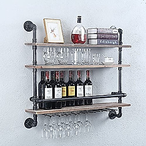 SULIANG Industrial Hanging Wine Glass Rack Wall Mounted,36in Pipe Shelf Wine Rack with 9 Glass Holder,Rustic Wine Glass Holder Stemware Racks,Pipe Shelving Wood Shelves Floating Wine Glass Shelf