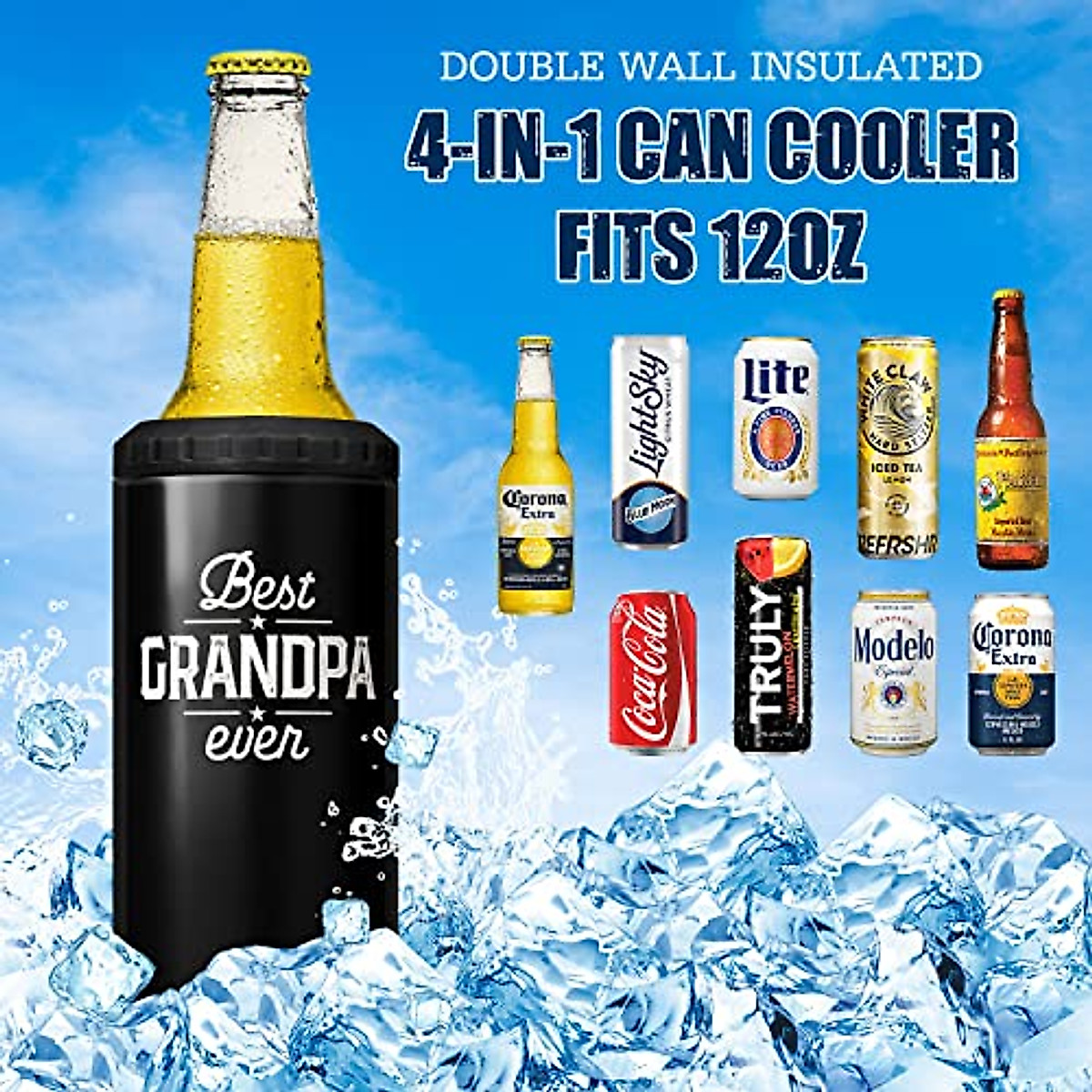 SANDJEST 4-in-1 Grandpa Tumbler Gifts for Papa from Grandkids - 12oz Best Grandpa Ever Can Cooler Tumblers Cup - Stainless Steel Insulated Cans Coozie Christmas, Birthday, Father's Day Gift for Papas