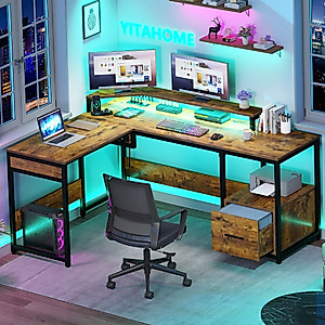 YITAHOME L Shaped Desk with Power Outlets & LED Lights, 65" Corner Computer Desk with File Drawer & Lift Top, Home Office Desk Height Adjustable Desk with Monitor Stand, Rustic Brown
