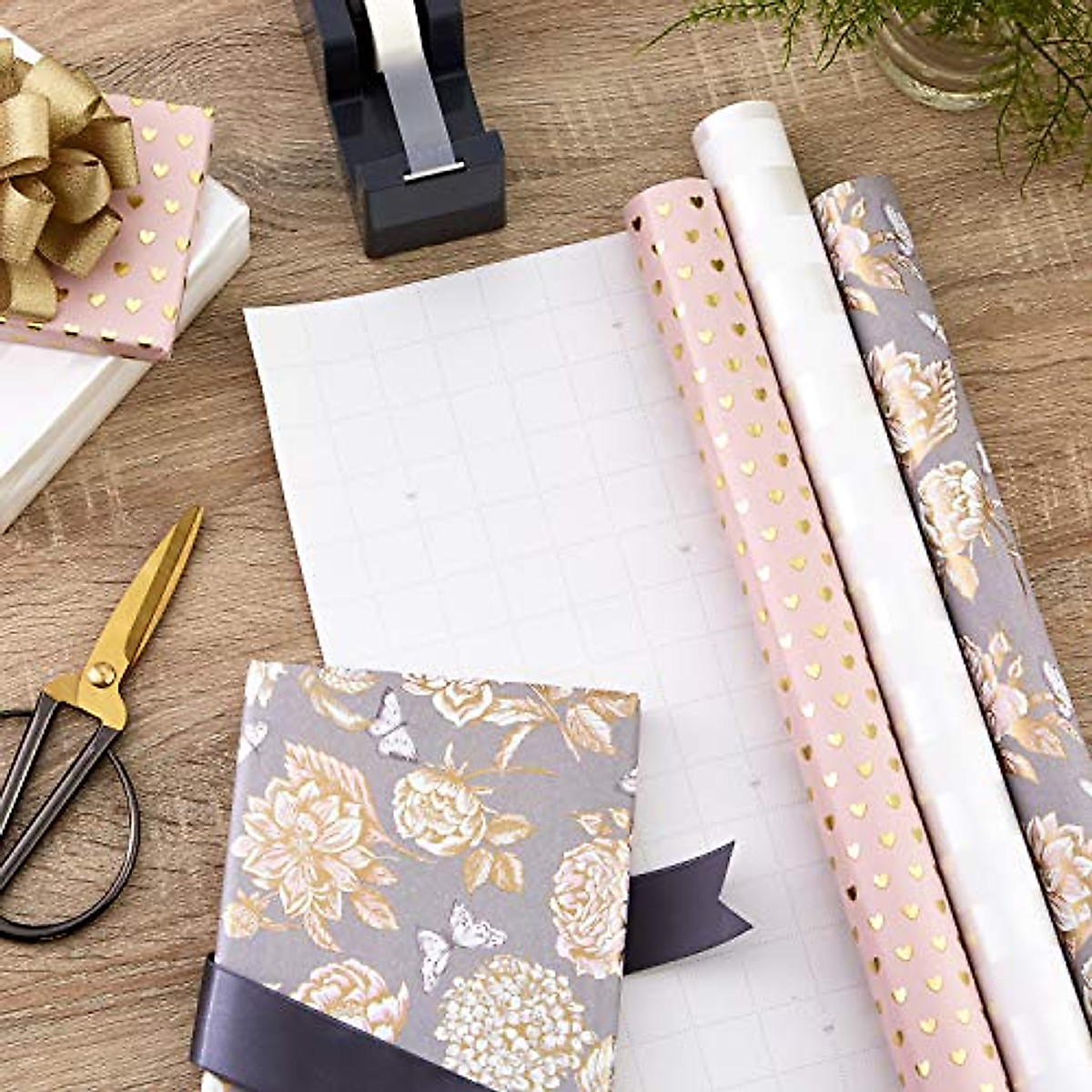 Hallmark Premium Wrapping Paper with Cut Lines on Reverse (3 Rolls: 85 sq. ft. ttl) Gold Hearts, Rose Flowers, White Stripes for Birthdays, Weddings, Mother's Day, Valentine's Day, Bridal Showers