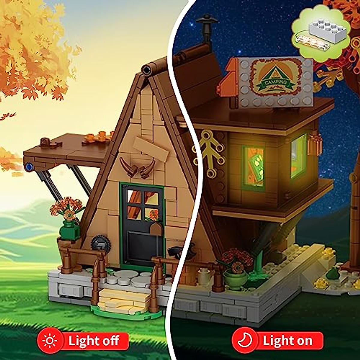 QLT A-Frame Cabin Building Set, Jungle Wood-Cabin House Building Set with LED Lighting Kit, Camping Friends Set Gift for 6+ Year Old Kids, Compatible with Lego (683 Pcs)