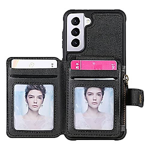 Compatible with Samsung Galaxy S22 Ultra 5G Wallet Flip Case with Zipper Pocket & Card Slots, DasKAn Anti Drop Shockproof Rubber Bumper PU Leather Protective Phone Cover with Stand Feature, Black