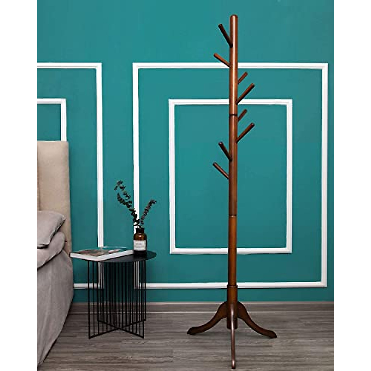 TinyTimes Wooden Coat Rack Free Standing, Sturdy Rustic Hall Tree Coat Tree Coat Hanger with 8 Hooks, for Coat, Hat, Clothes, Scarves, Handbags, Umbrella (Dark Brown)