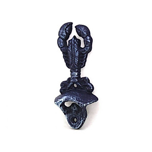 Hampton Nautical Rustic Dark Blue Cast Iron Wall Mounted Lobster 6" Bottle Opener