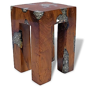 SKM Wooden Stool Handmade Small Stool Solid Teak Wood and Resin 11.8" x 11.8" x 15.7" (L x W x H)