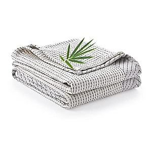 Amelie Home Cooling Bamboo Linen Queen Size Bed Blanket Quilt, Lightweight Hand-Quilting Imitation Bedspread for All Seasons, Soft Coverlet for Summer Hot Sleepers on Bed Couch and Sofa, 90" x 90"