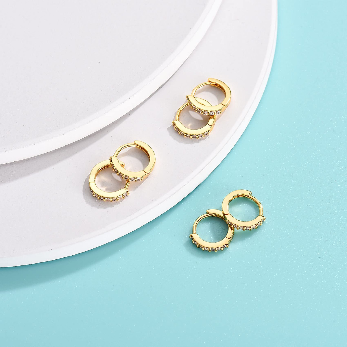 Gold Hoop Earrings for Women, 3 Pairs 8mm Small Sterling Silver Huggie Earrings | Tiny Cubic Zirconia Cartilage Cuff Earrings Hoop Piercing Jewellery for Men Teens