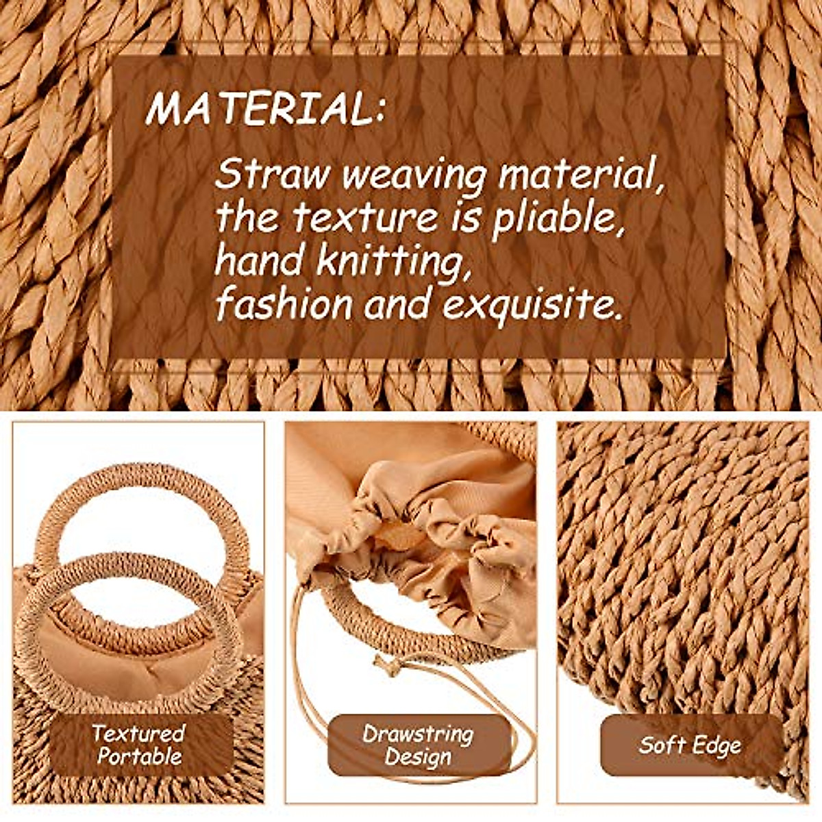 Frienda Straw Tote Bag Summer Beach Bag Handmade Straw Rattan Woven Handbag for Women Travel (Khaki, 12.6 x 7.87 x 8.66 Inch)