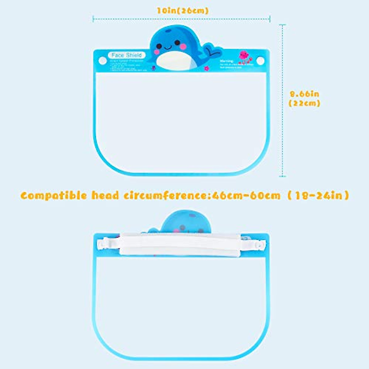 10PCS Kids' PET Reusable Clear Protective Safety Face Shields Assorted Designs for Boys & Girls, Lightweight High Transparency Wrap-Around Splash Cover Anti-Fog Visor Comfortable Fit Elastic Headband