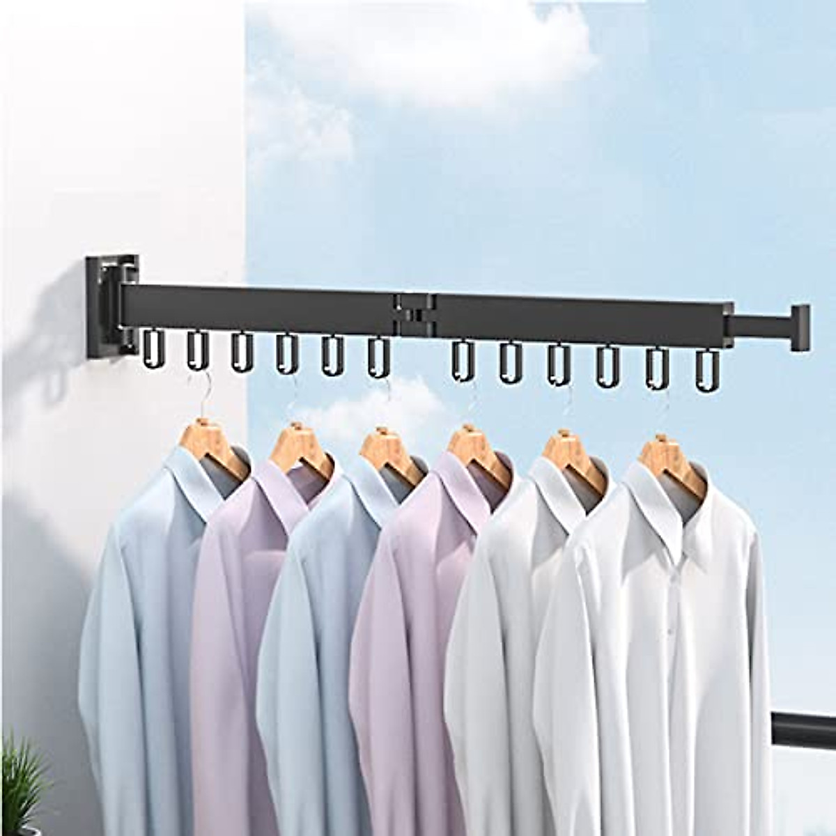 MIFXIN Retractable Clothes Drying Rack Laundry Wall Mounted Two-Fold Drying Rack Collapsible Clothes Hanger Folding Clothing Rack for Laundry Balcony (Black)