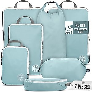 Large Packing Cubes for Travel-Extra Large Compression Luggage Organizers 7 Piece Set-Ultralight, Expandable/Compression Bags for Clothes by TRIPPED Travel Gear (DustyTeal/White)