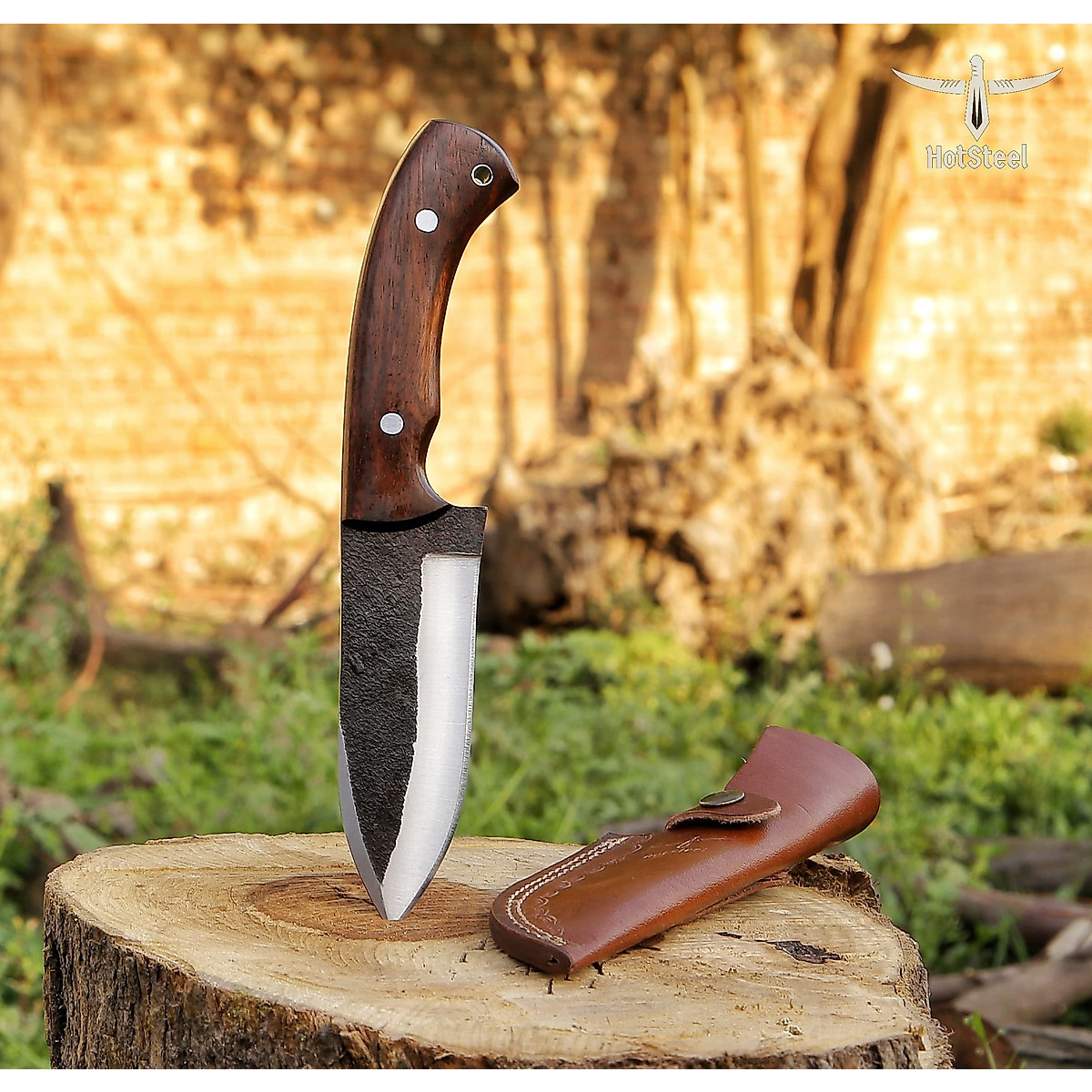 HotSteel Handmade Full Tang Carbon Steel Fixed Blade knife - Bushcraft Knife - Fixed Blade Hunting Knife - Camping Bushcraft Knives - Outdoor Full Tang Knife - Camping Knives - Survival Tactical Knife - Utility Knife With Real Leather Sheath