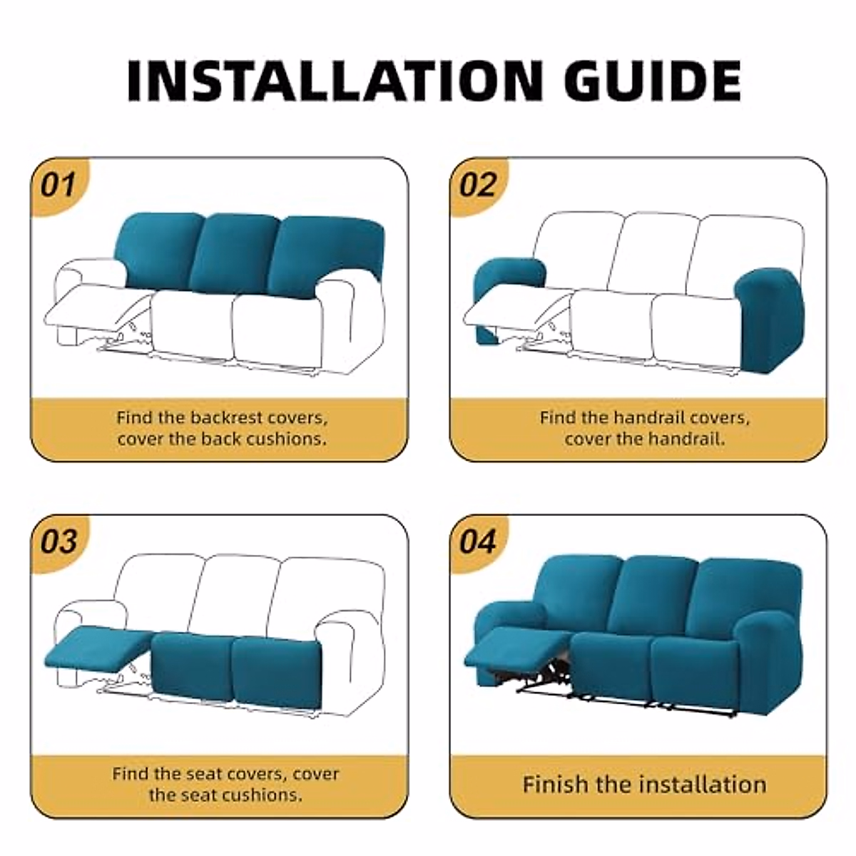 HDCAXKJ 100% Waterproof 8-Piece Recliner Couch Cover for Reclining Couch 3 Seat Super Stretch Soft Recliner Sofa Covers for 3 Cushion Couch Recliner Set Slipcovers Protector (Peacock Blue, 3 Seat)