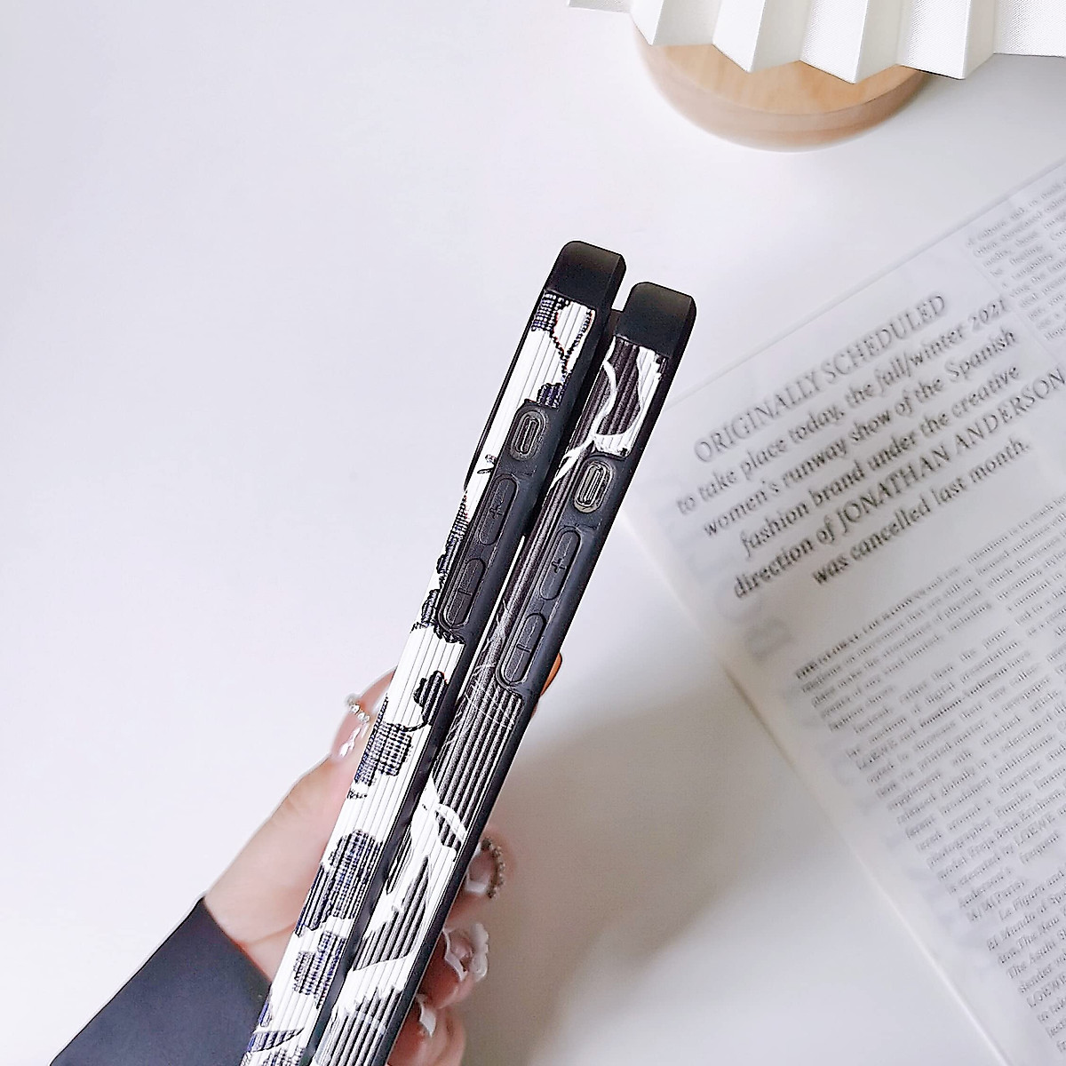 INJPCUCA Designed for iPhone 14 Pro Max Case Cute Wave Pattern Design Black Protective Case for Women Girls PU Leather Silicone Slim Shockproof Cover for iPhone 14 Pro Max 6.7", Beige White