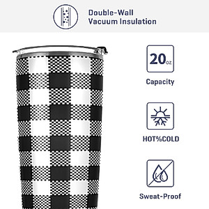 foixnub Black Gingham Tablecloth 20oz Tumbler Insulated Coffee Cup Wine Tumbler Stainless Steel Reusable Water Bottle Double Walled Travel Mug Thermal Cup for Hot Cold Drinks