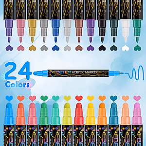 Betem 24 Colors Dual Tip Acrylic Paint Pens Markers, Premium Acrylic Paint Pens for Wood, Canvas, Stone, Rock Painting, Glass, Ceramic Surfaces, DIY Crafts Making Art Supplies