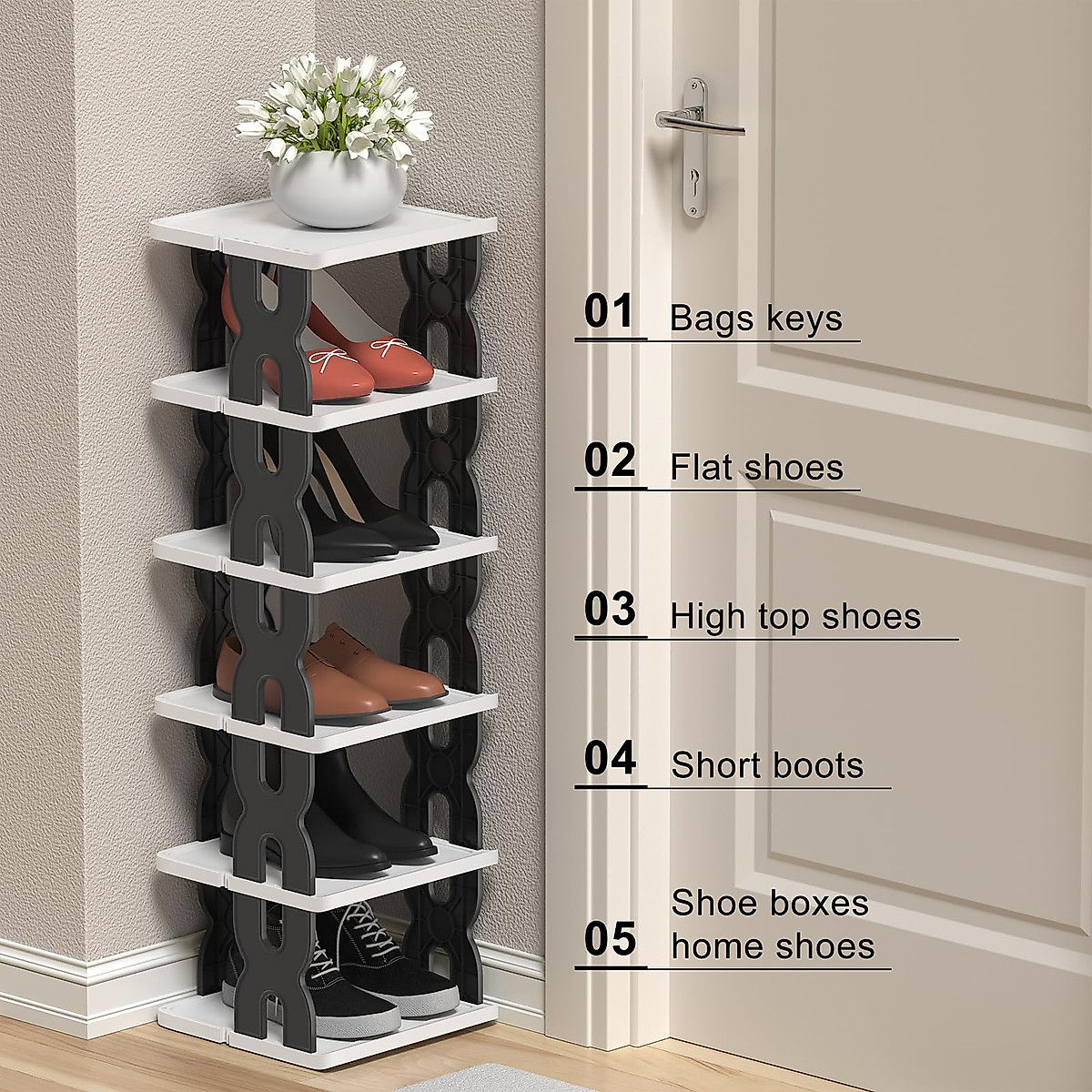 6 Tier Narrow Shoe Rack, Small Vertical Shoe Stand, Space Saving DIY Free Standing Shoes Storage Organizer for Entryway, Closet, Hallway, Easy Assembly and Stable in Structure, Black