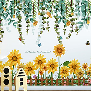 Tropical Plants Sunflower Vine Wall Corner Stickers, AUHOKY Removable Green Fresh Leaves Flower Wallpaper Decals, Garden DIY Art Mural for Nursery Bedroom Kitchen Offices Home Decorations (B)
