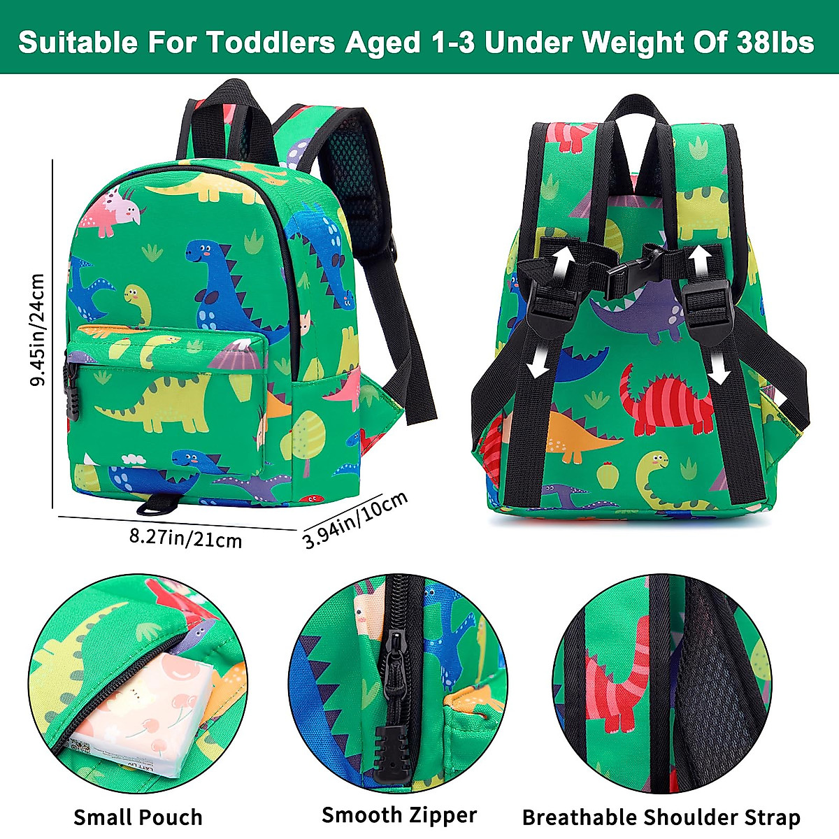 Accmor Toddler Harness Backpack Leash, Baby Dinosaur Backpacks with Anti Lost Wrist Link, Cute Mini Child Backpack Wristband Tether Strap and Protection Leashes for Baby Boys (Green)