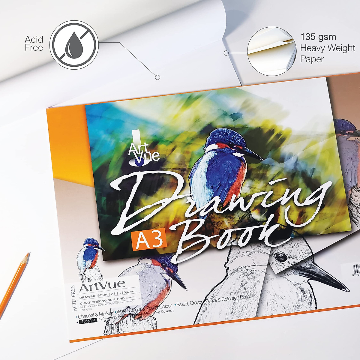 3 Pack of Artvue A3 Sketch Book or Drawing Book, 11.7" x 16.5", 18 Sheets Per Pack, 91lbs(135gsm), Acid-Free Drawing Paper, Artistic Drawing, Watercolor and Sketch Book for Kids and Beginners Artist