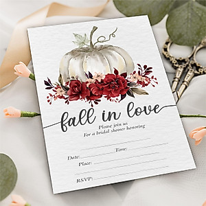 YKYENR Pumpkins & Floral Bridal Shower Invitations - Fall In Love - 4 x 6 Inches Invites (25 Cards & Envelopes) For Wedding Showers, Newlyweds Parties And Receptions - A14