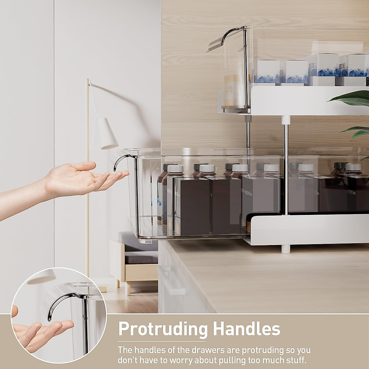 YuzhuSuye Under Sink Organizer 2 Tier Bathroom Storage and Organizer Multi-Purpose Clear Pull Out Cabinet Organizer Drawer Storage Shelves with Handles for Bathroom Kitchen Pantry Closet and Office