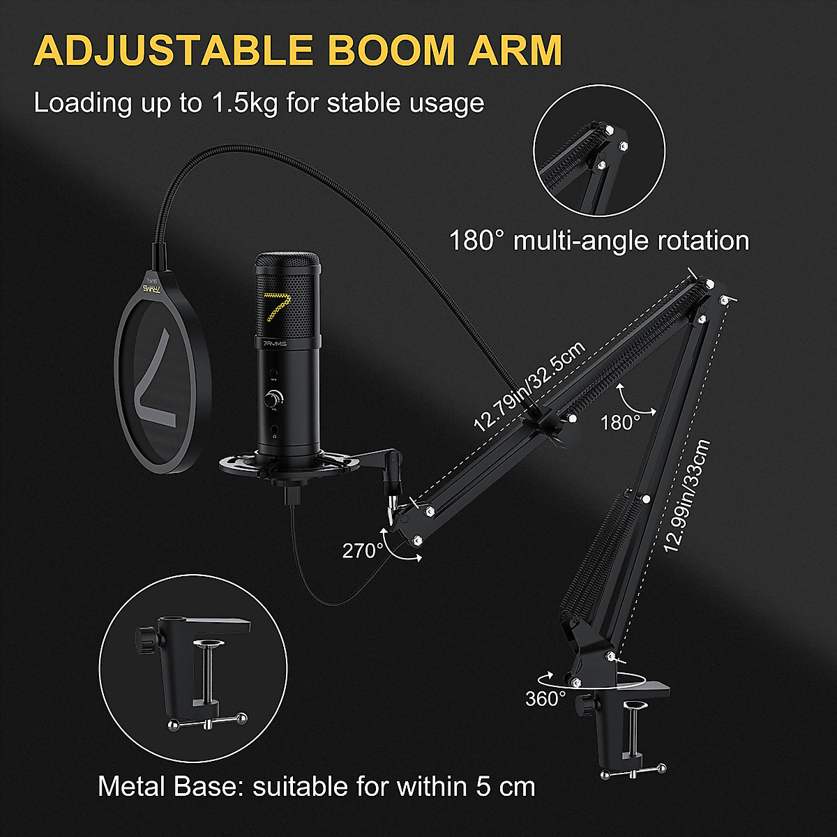 7RYMS SR-AU01-K1 Podcast Microphone Kit with Arm Stand, USB Condenser Microphone for Computer PC Smartphone, Suitable for Gaming Singing Podcasting Recording Live-Streaming