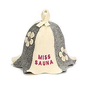 Natural Textile Sauna Hat 'Miss Sauna Flowers' White/Grey - 100% Organic Wool Felt Hats for Russian Banya - Protect Your Head from Heat - Sauna eBook Guide Included - with Embroidery