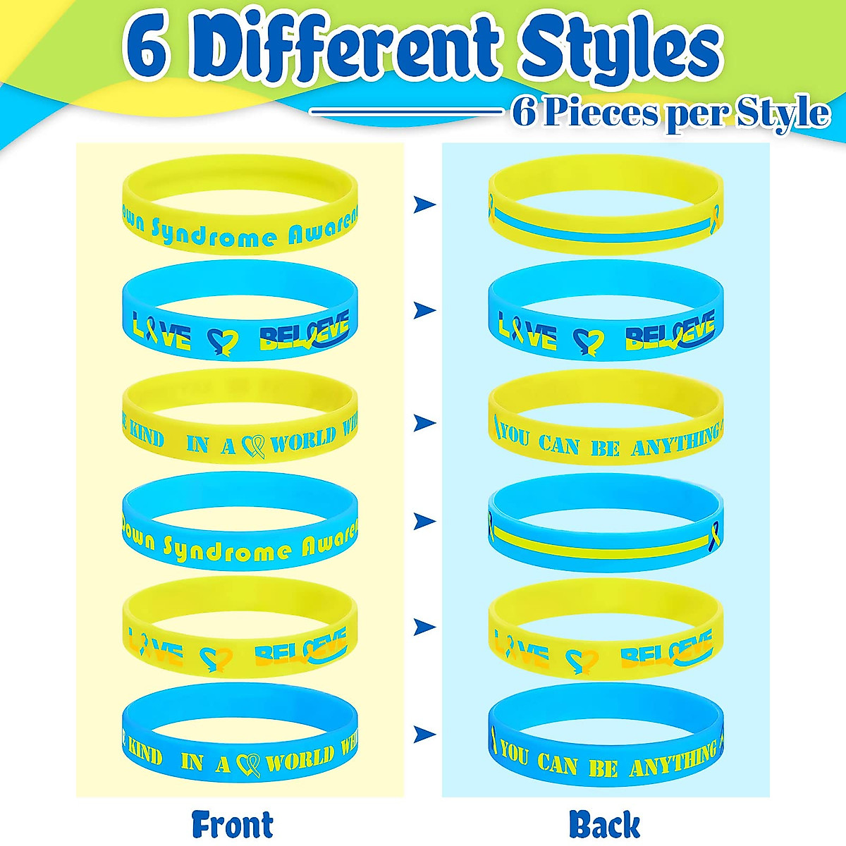 Chivao Down Syndrome Awareness Silicone Bracelet Wristband Blue Yellow Bracelets for Women Men (36 Pcs)