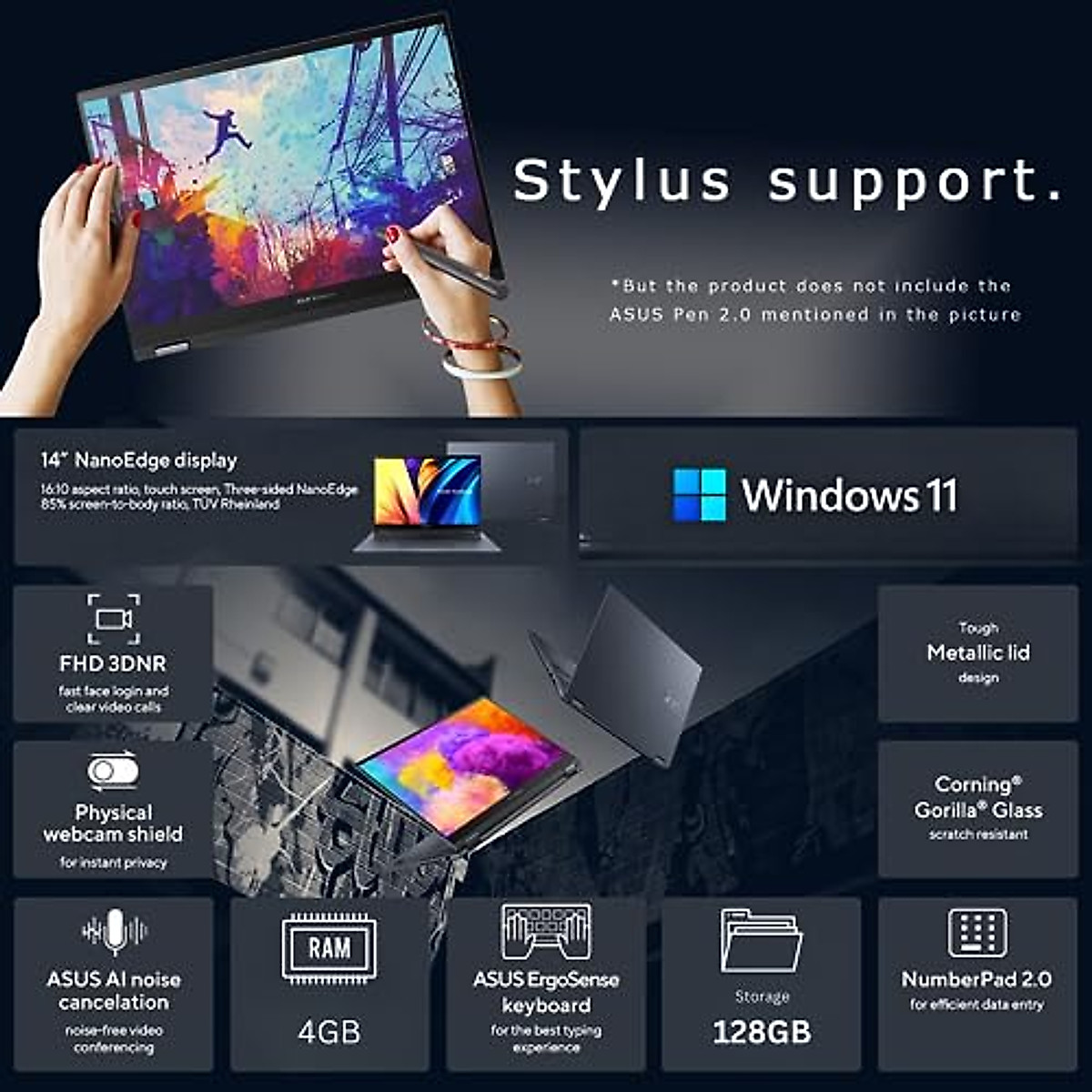 ASUS Newest Thin and Light VivoBook, 14 HD Touchscreen 2-in-1 Laptop, 4GB RAM, 128GB (64G SSD+64G MSD), Intel Celeron Processor, Type-C,HDMI, Microsoft 365 Personal 1-Year, Windows 11 S
