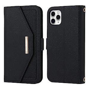 Jaorty Crossbody Wallet for iPhone 11 Pro Case with Adjustable Lanyard Strap Credit Card Holder 5.8",PU Leather Handbag Purse Kickstand Make Up Mirror Cover Case for Men Women Girl,Black