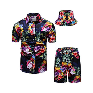 TUNEVUSE Mens Hawaiian Shirts and Shorts Set 2 Pieces Tropical Outfits Pineapple Printed Beach Shirt Suit with Bucket Hats Navy 3X-Large