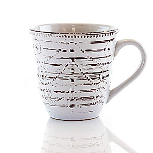 Elama Rustic Birch 16 Piece Embossed Scalloped Stoneware Round Dinnerware Set in White with Brown Accents