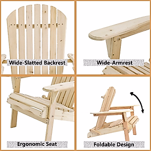 LuxenHome Folding Adirondack Chair, Lounge Chairs for Outside, Adirondack Chairs, Oversized Fire Pit Chair, Outdoor Lounge Chairs, Natural Fir Wood Lawn Chairs for Patio, Poolside, Garden, Backyard