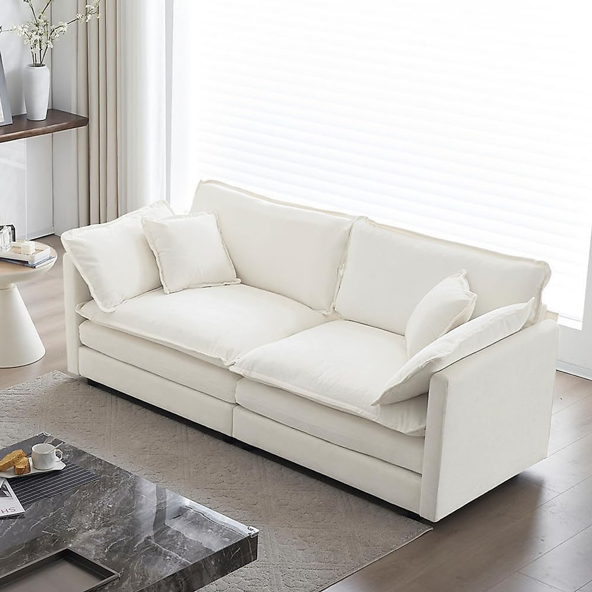 ANZEHOME 76.7" Loveseat Sofa Couch for Living Room, Modern Upholstered 2 Seat Sofa, Sectional Sofa Couch with 4 Toss Pillows, Deep Seat Loveseat for Apartment, Chenille Fabric - White