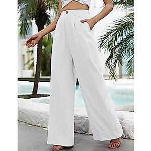 Kocowoo Linen Wide Leg Dress Pants for Women High Waisted Palazzo Pants Casual Lounge Beach Trousers with Pocket. White