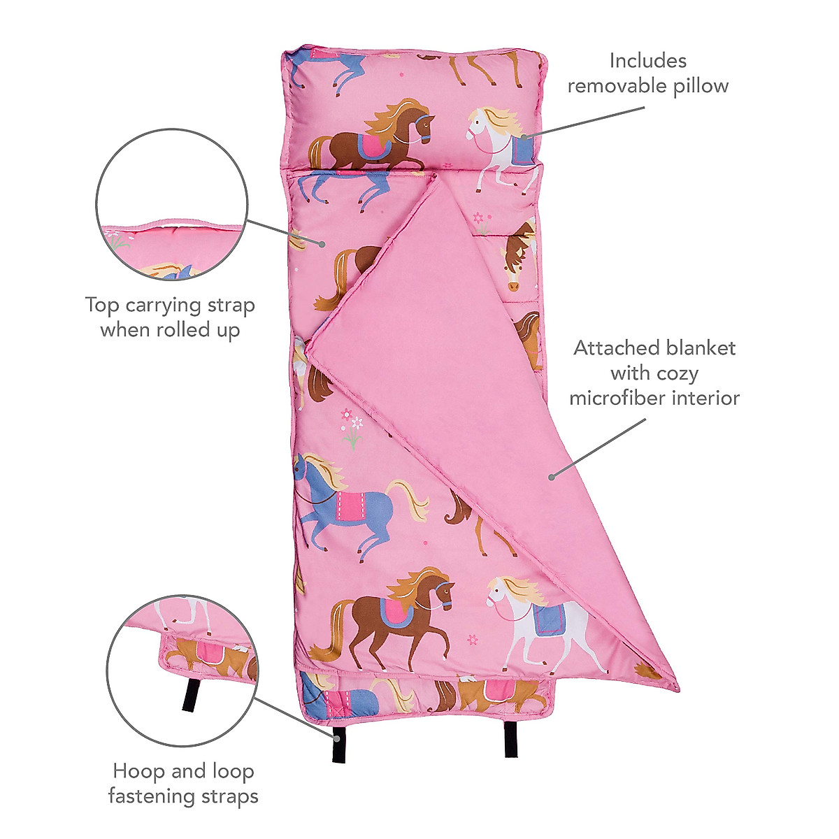 Wildkin Microfiber Nap Mat with Reusable Pillow for Boys and Girls, Perfect for Daycare and Preschool Toddler Sleeping Mat, Soft Cotton Blend Materials Nap Mat for Kids (Horses)