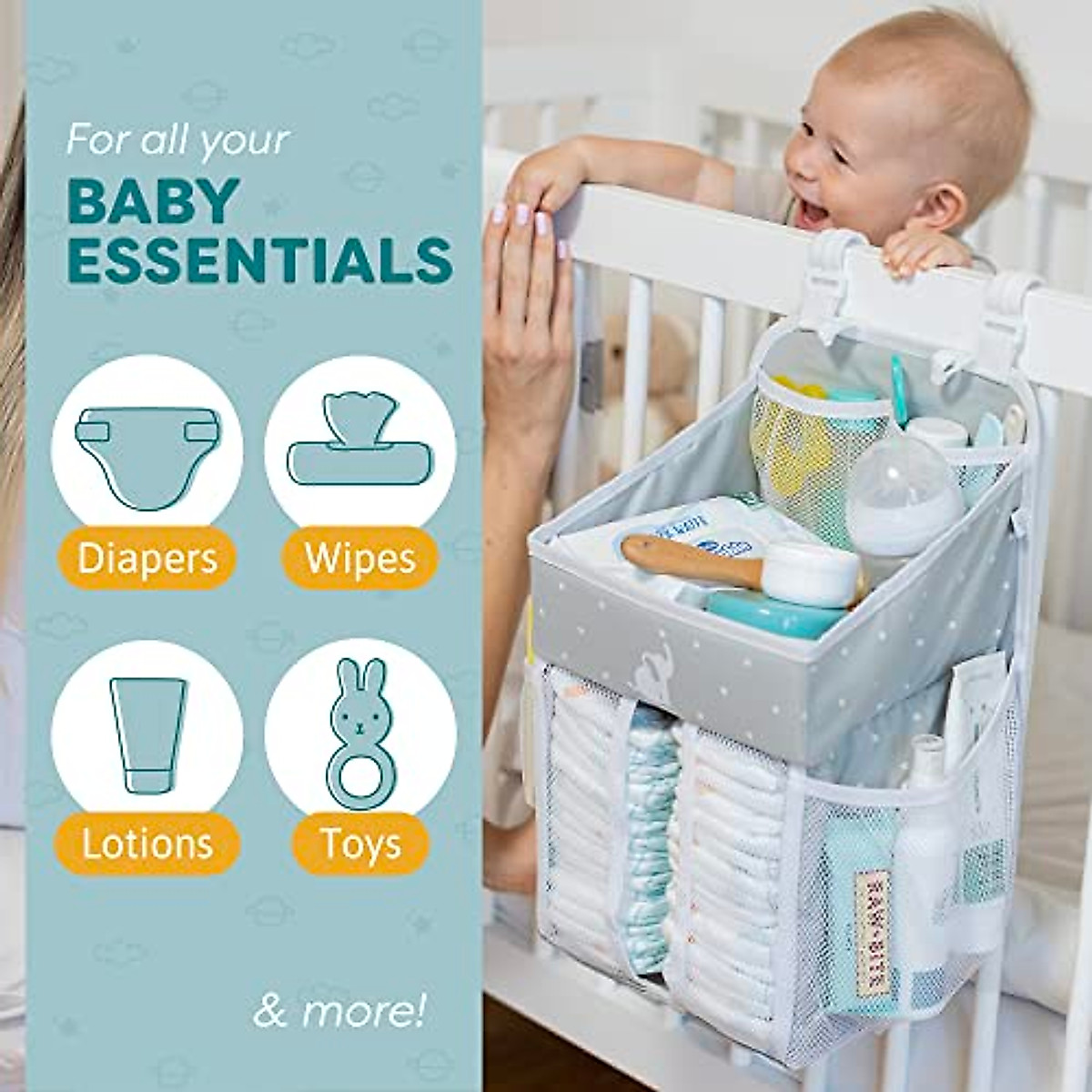 Cradle Star Hanging Diaper Caddy Organizer - Diaper Organizer Caddy with Multiple Pockets - Baby Organizer for Nursery Accessories - Changing Table Organizer and Diaper Storage - 17x9x9 in - Gray