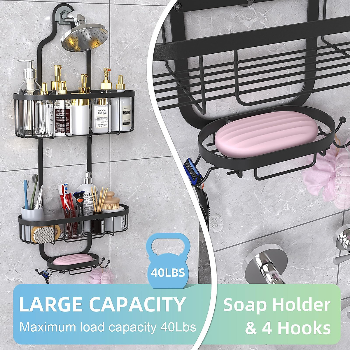 Kadolina Bathroom Hanging Shower Organizer, Over Head Shower Caddy Shower Storage Rack Basket with Hooks for Razor and Sponge Rustproof, Black [Patented]