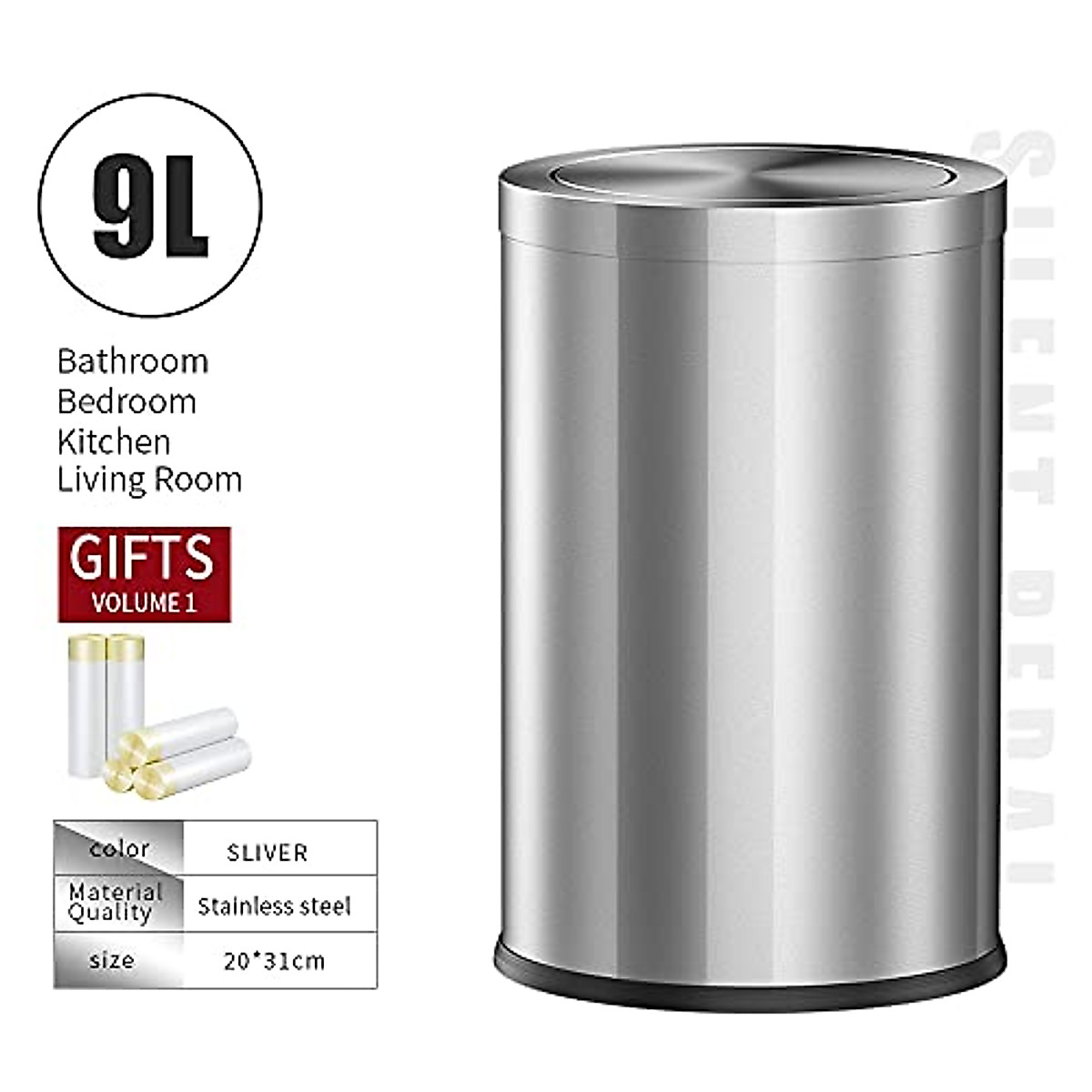 Trash Can with Flipping Lid, 9 L,Trash can with lid，Stainless Steel Trash can,Bathroom Garbage can.Bathroom.Kitchen. Metallic Sliver