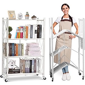 4-Shelf General Purpose Collapsible/Foldable Shelving Unit, Sturdy Storage Rack with Caster Wheels. 4-Tier Organizer, Laundry/kitchen storage shelves, Heavy Duty Metal Frame, No Assemble Needed, White