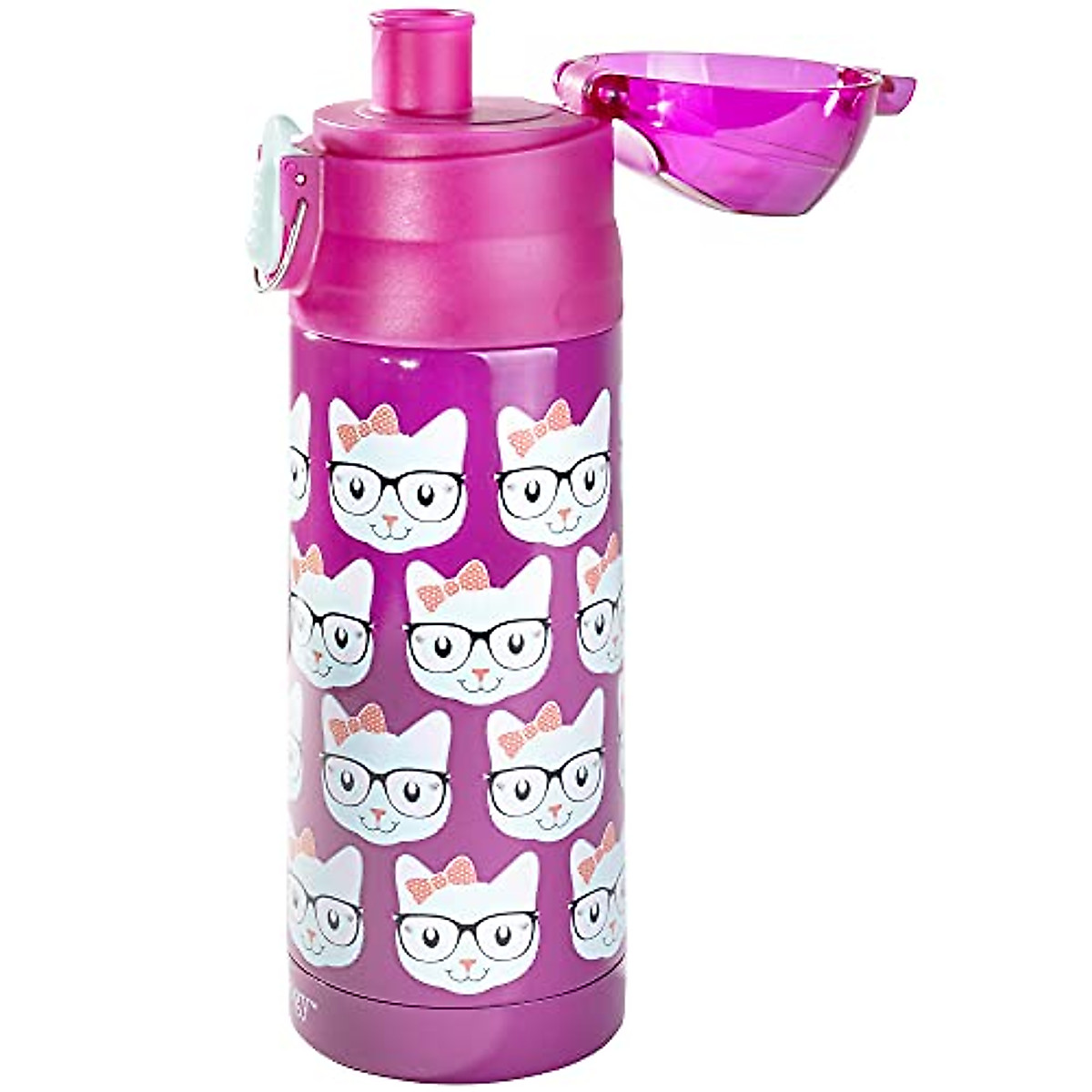 Bentology Stainless Steel 13 oz Kitty Insulated Water Bottle for Girls- Easy to Use for Kids - Reusable Spill Proof BPA-Free, Fits in Most Lunch Boxes & Bags, Use for Summer Camp, Back to School