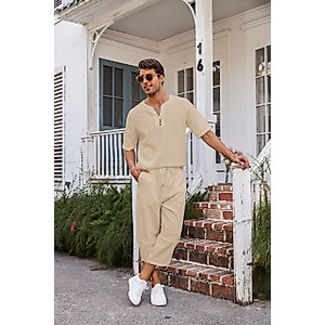 COOFANDY Men's 2 Pieces Linen Set Henley Shirt Short Sleeve and Harem Capri Pants Wide Leg Baggy Beach Yoga Trousers Outfits
