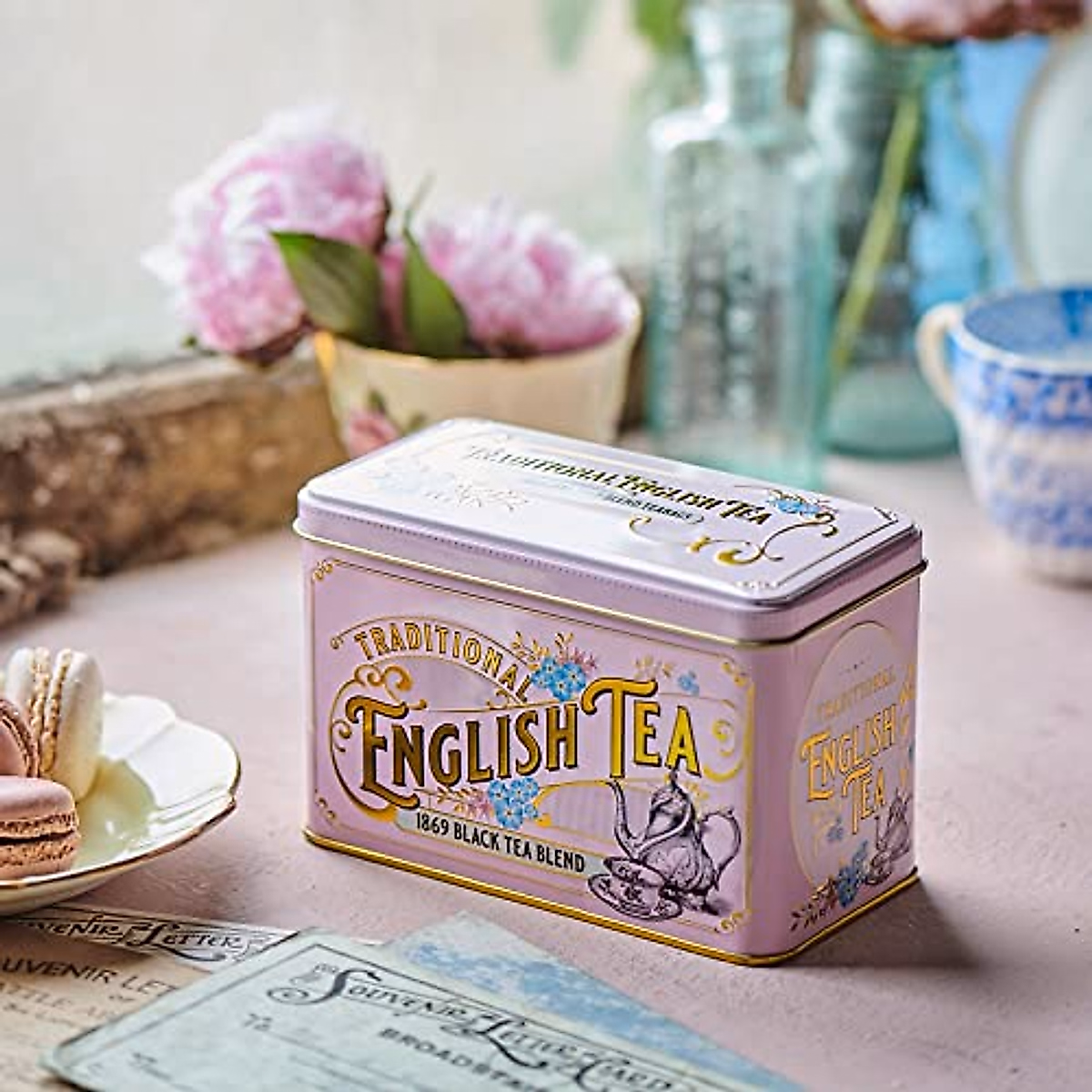 New English Teas Vintage Victorian Tea Tin with 40 Fine 1869 Blend English Teabags (Pink)