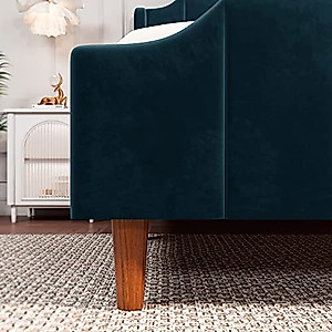 Allewie Queen Size Velvet Bed Frame Upholstered Platform Bed with Vertical Headboard and Footboard, Solid Wood Leg and Strong Slats Support, No Box Spring Needed, Easy Assembly, Blue