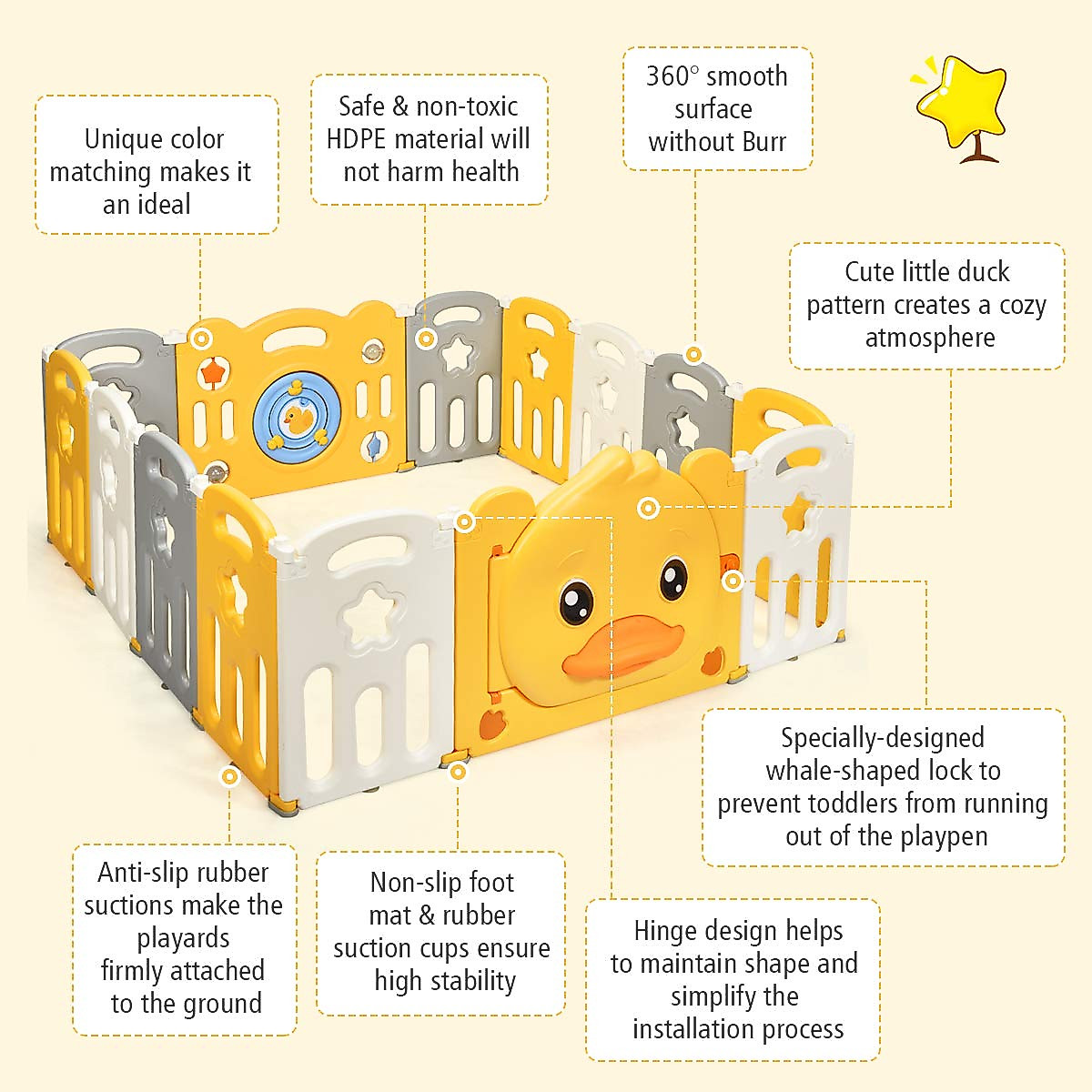 Costzon Baby Playpen, 14-Panel Portable Baby Play Yards with Yellow Duck Pattern, Door with Safety Lock, Indoor Outdoor Foldable Baby Fence with Non-Slip Rubber Bases & Rubber Suction Cups (14 Panel)